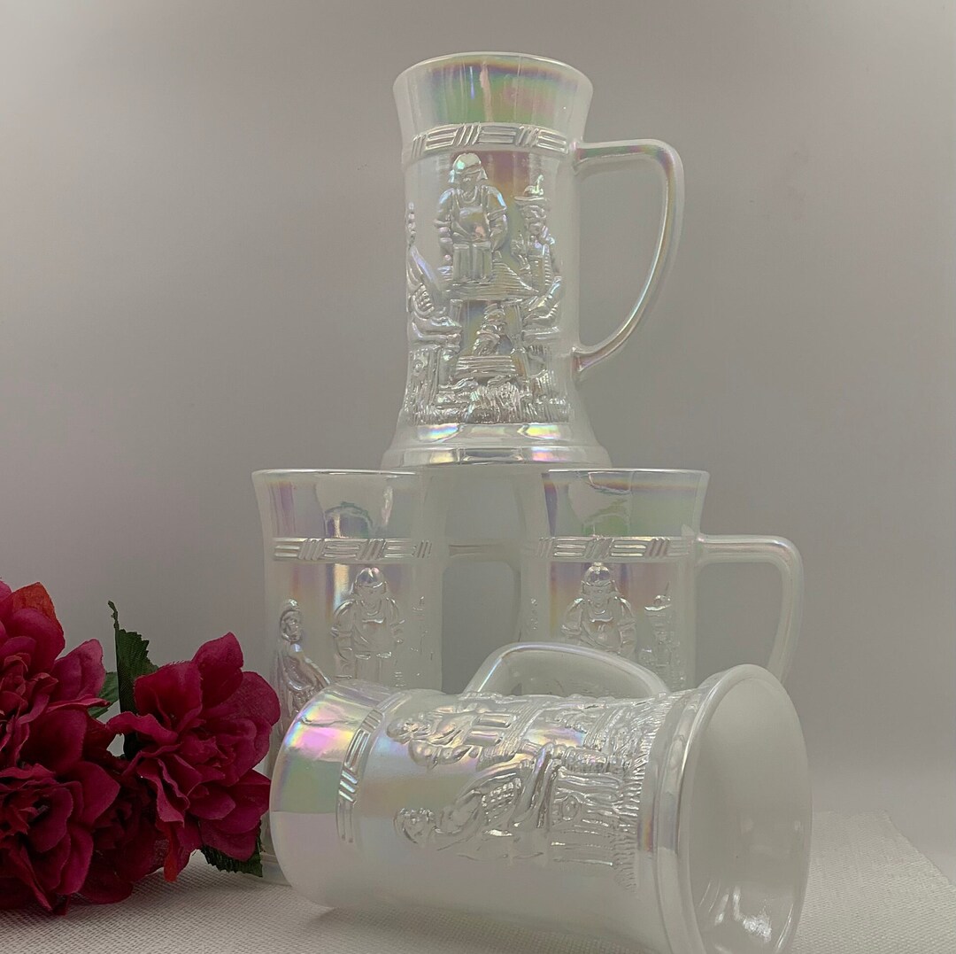 4 Vintage Federal Glass Beer Mugs Steins, Iridescent Milk Glasss Tavern ...