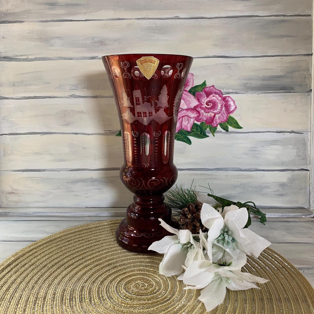 Vintage Crystal Flower Vase, Bohemian Ruby Red Cut to Clear, Etched 10 ...