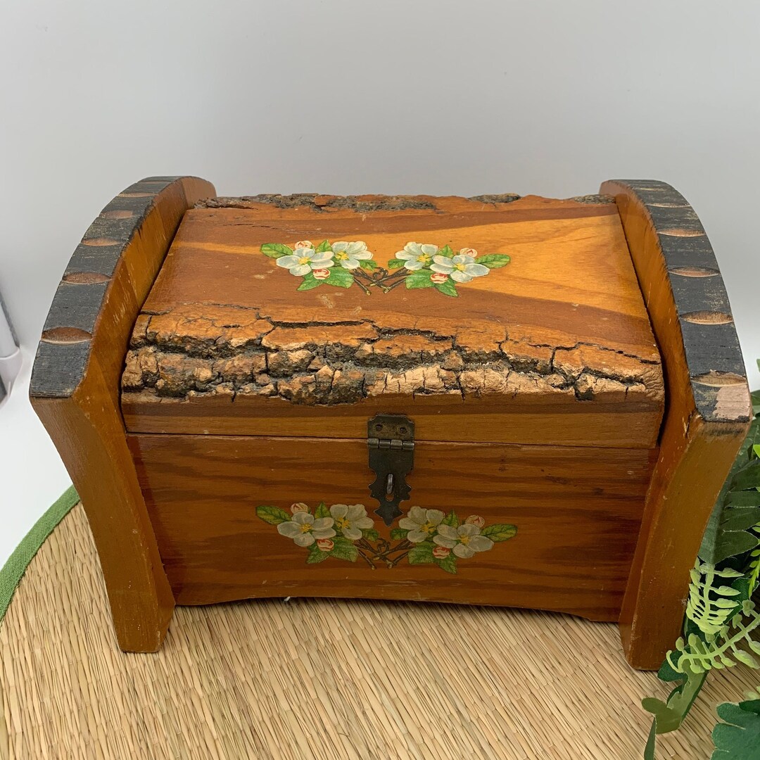Vintage Wood Box With Live Edge and Floral Decals, Hand Crafted Wooden ...