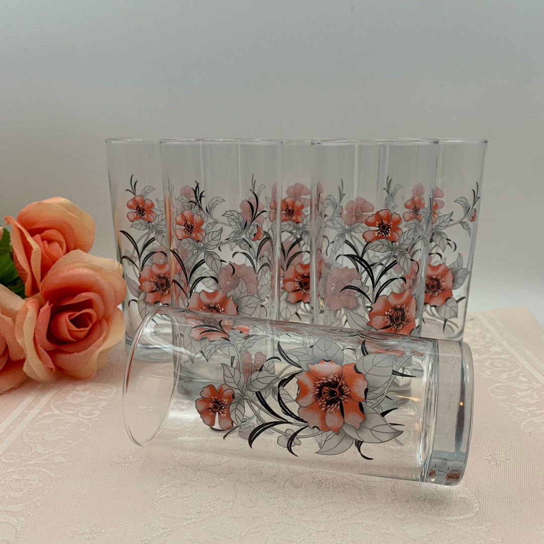 Vintage Glass Tumblers Set, 6 Pasabahce Circleware Coral Black Flower ...