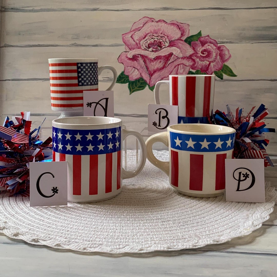 Vintage Ceramic USA Flag Coffee Mugs, Americana Red White Blue Stars ...