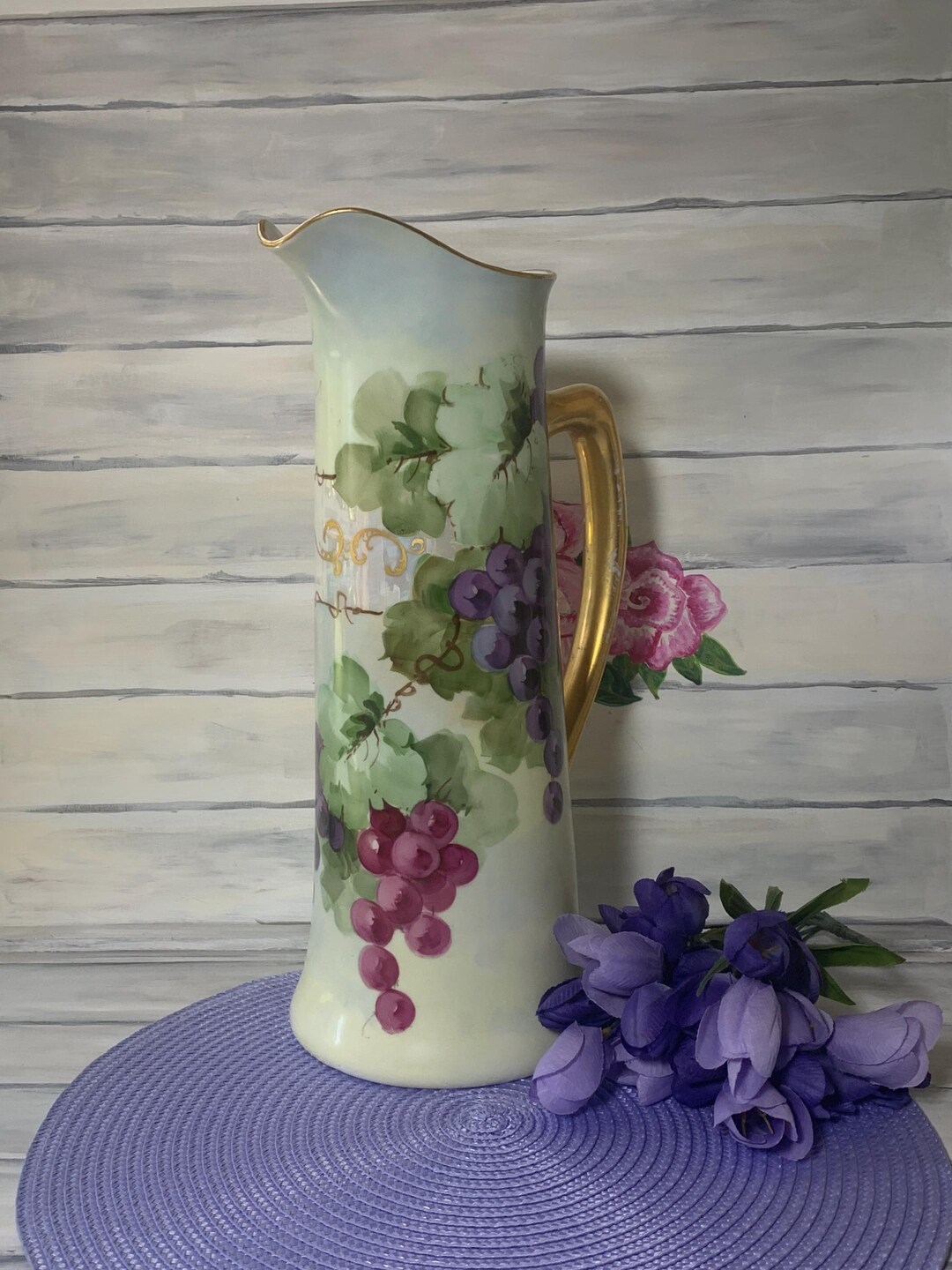 Stunning Antique Jean Pouyat Limoges Grapes Tankard, 14" Hand Painted ...