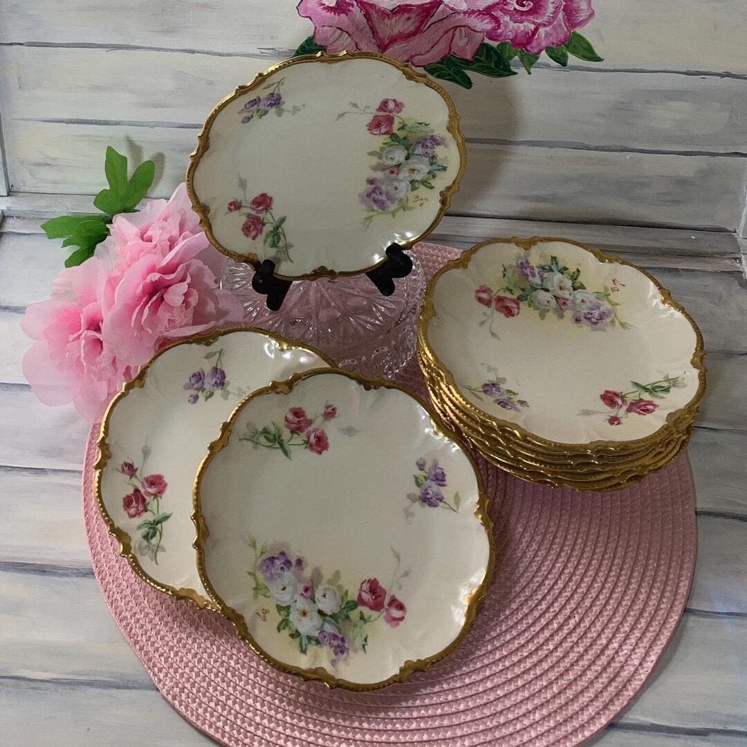 10 Latrille Frères Limoges Coronet Rose Dessert Plates, 1900s Hand ...