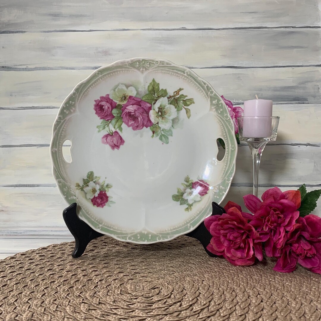 Vintage Porcelain Double Handled Cake Plate, Embossed Rose Design ...