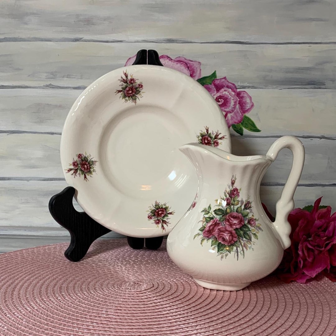 Vintage Athena Rose Pitcher and Bowl Set, Small Ceramic Burgundy Floral ...