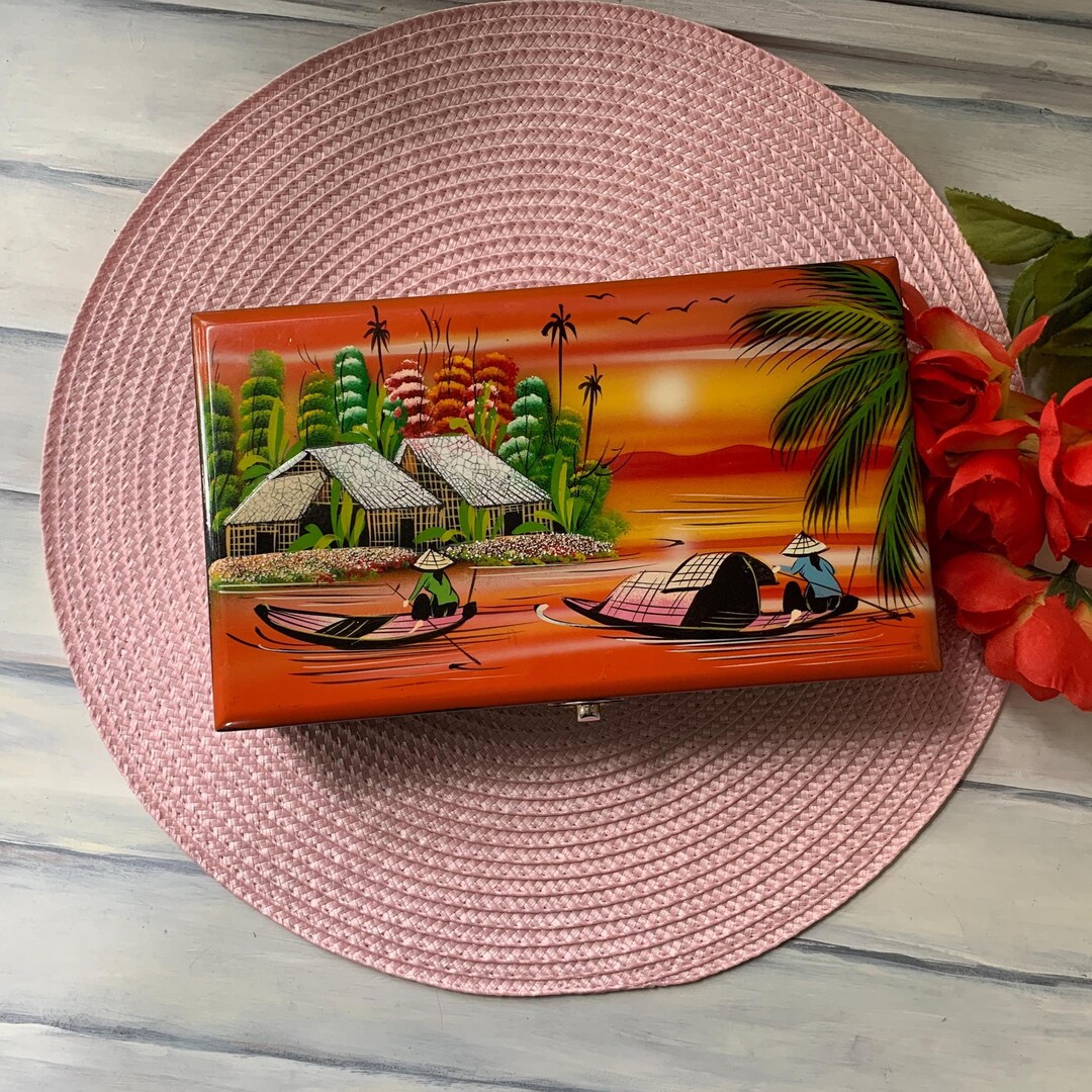 Vintage Asian Laquer Jewelry Box With Mirror, Black Bright Pink Orange ...