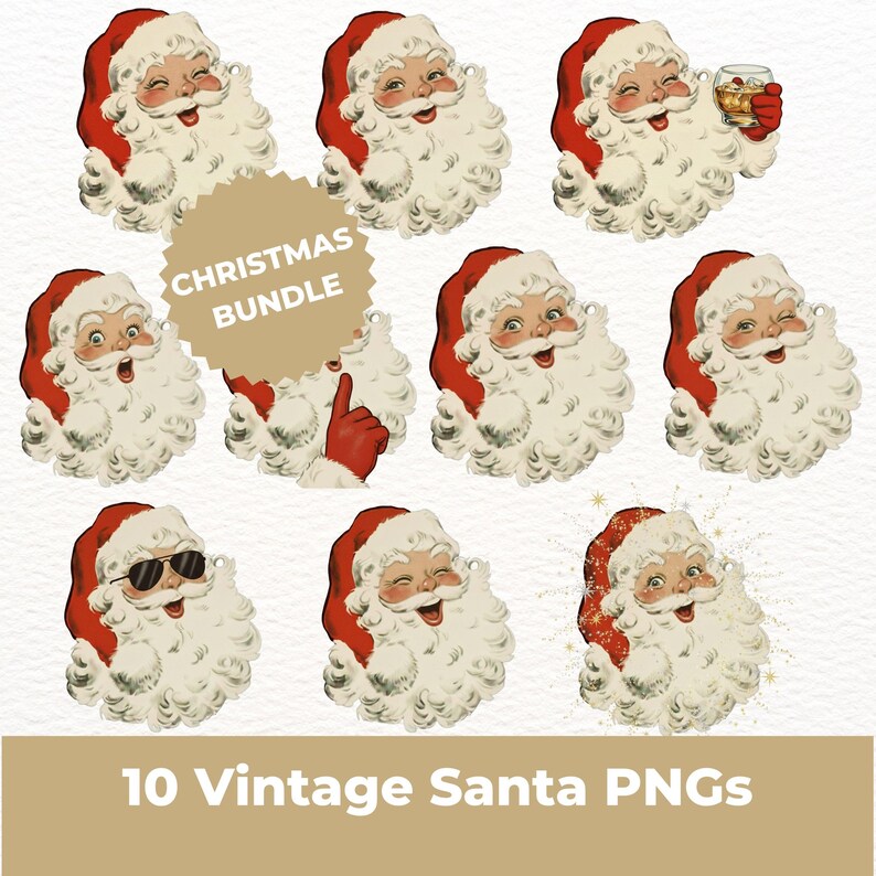Vintage Santa PNG Bundle | 10 Retro Christmas Illustrations (digital ...