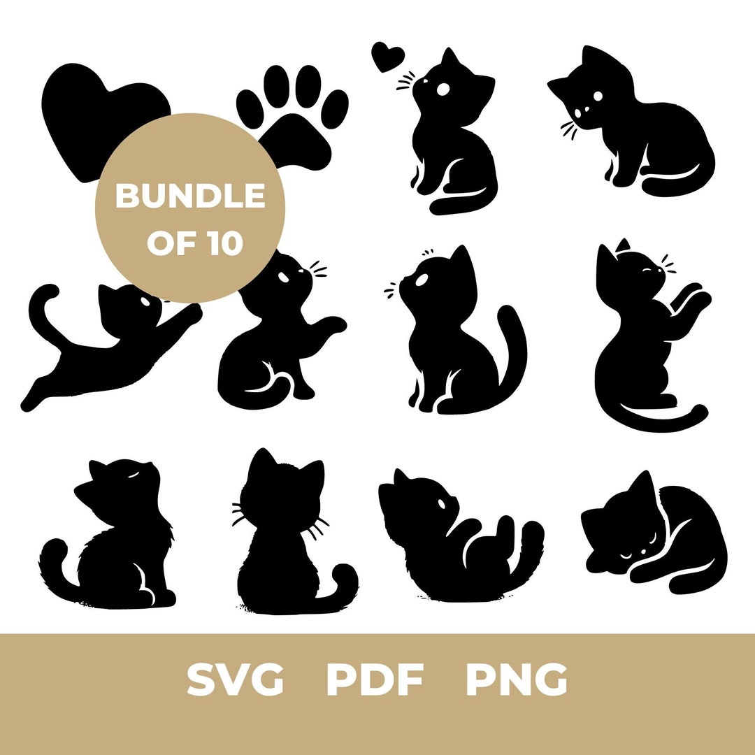 10 süße Katzen-Silhouetten SVG-Bundle | Katze Silhouette svg | Schwarze ...