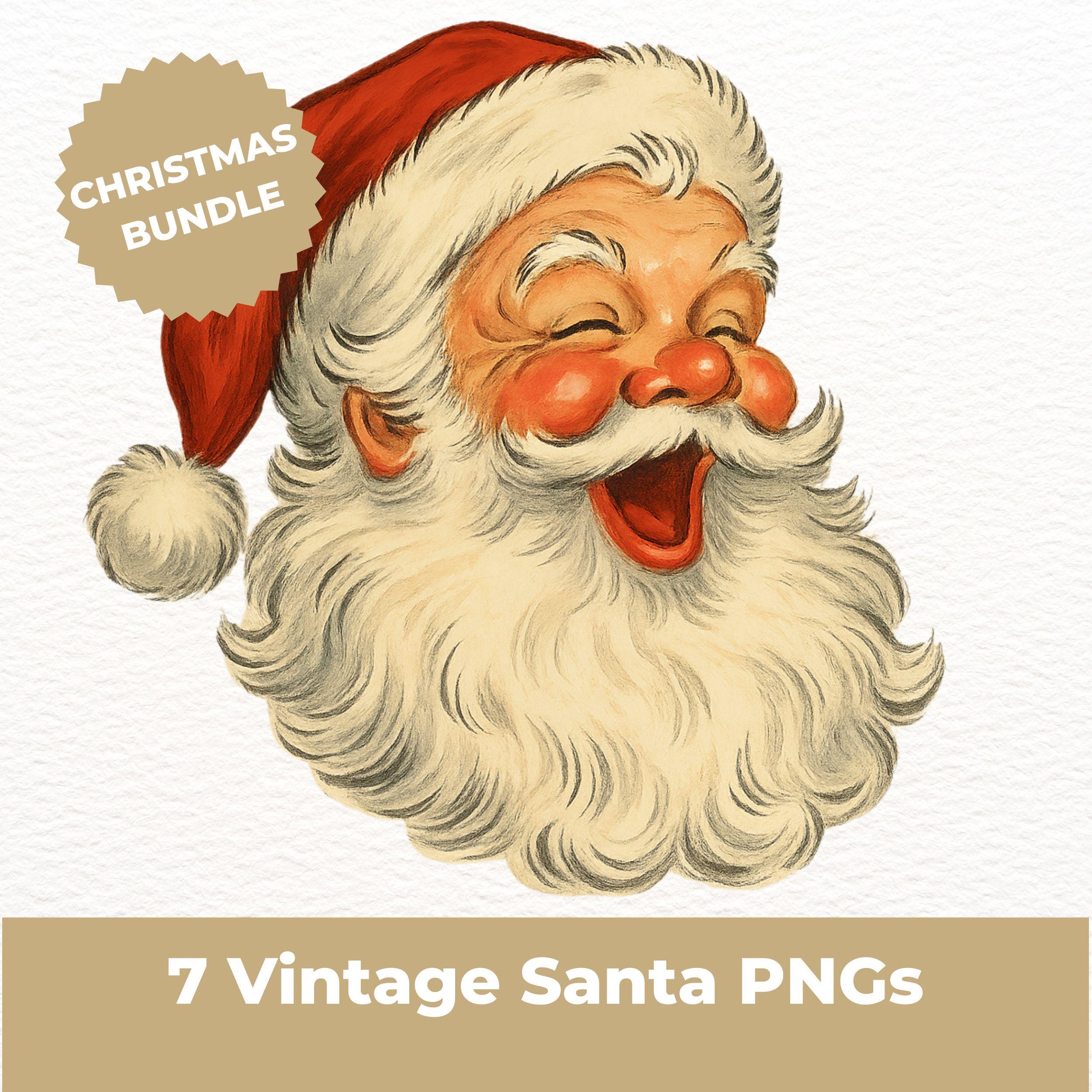 Vintage Santa PNG Bundle | 7 Retro Christmas Santa Heads | Watercolor ...