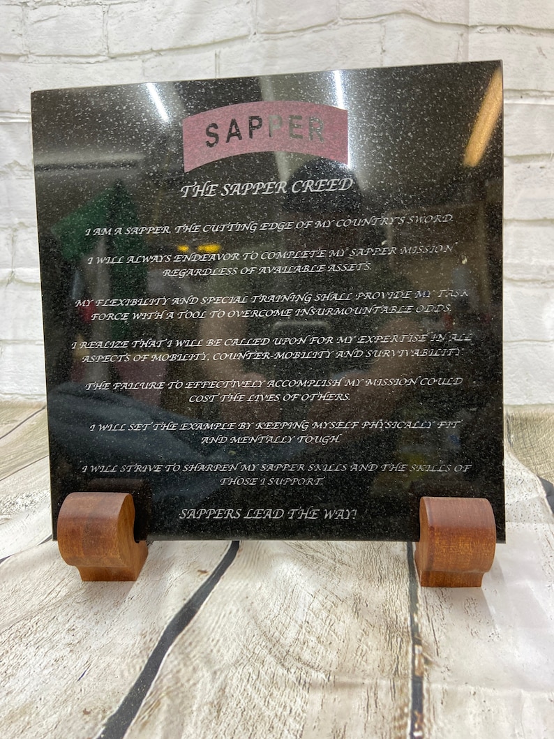 Laser Engraved Sapper Creed Black Granite Plaque With Wood Stand - Etsy