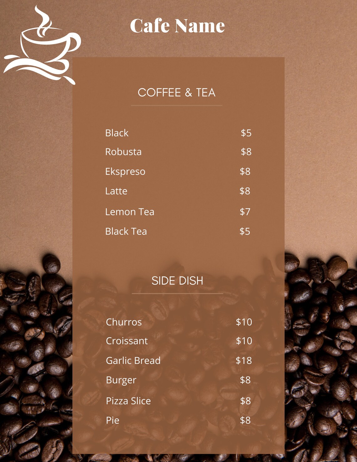Coffee Shop Menu (10 Designs) ZERO WASTE PDF Digital Download ...
