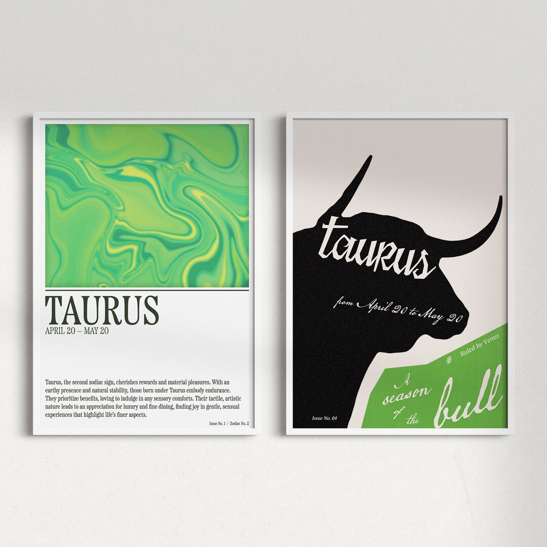 2 Taurus Retro MCM Digital Posters Set, Download Trendy Groovy Zodiac ...