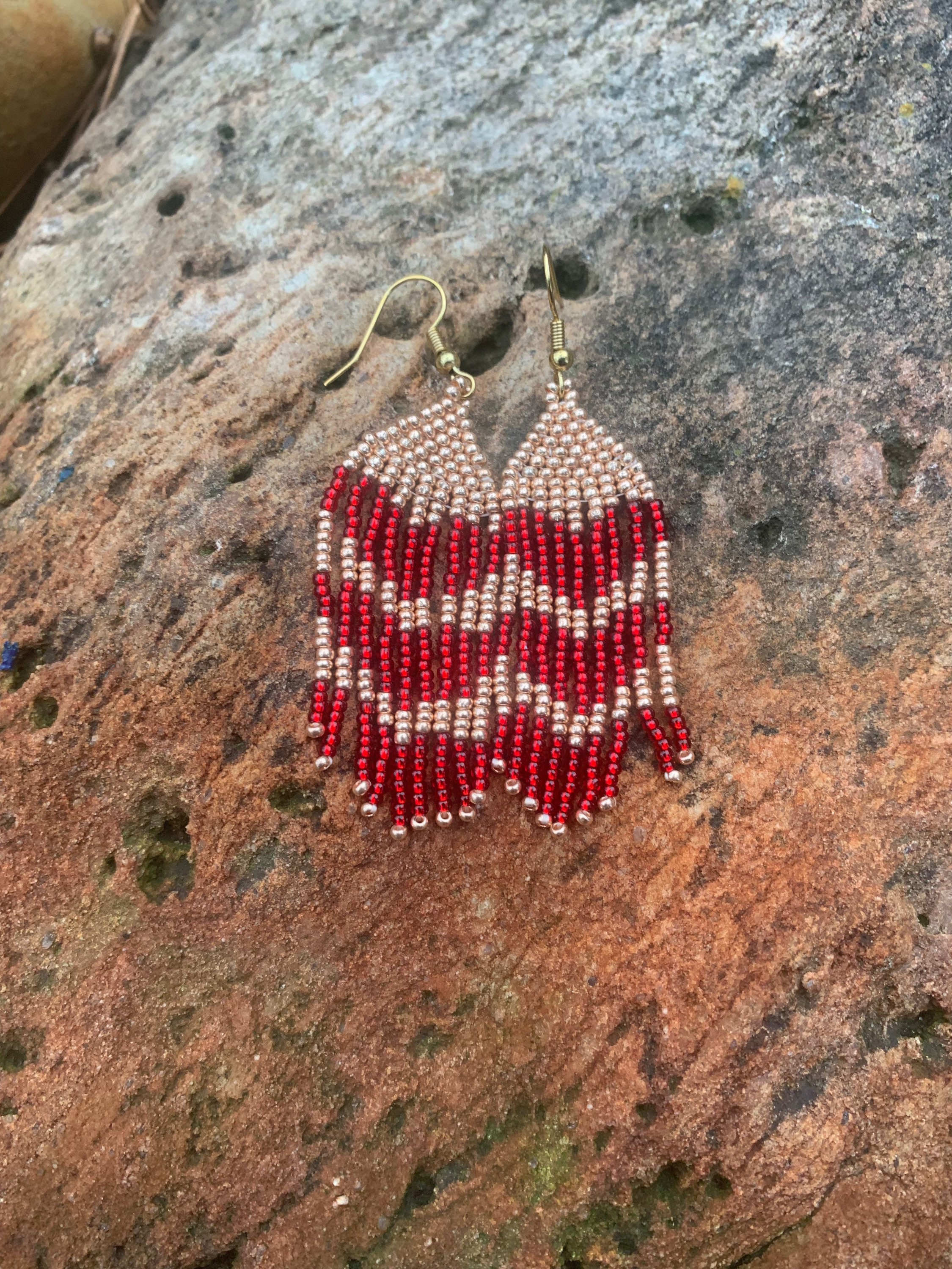 Pretty Hand Sewn Red and Rose Gold Heart Fringe / Drop / - Etsy
