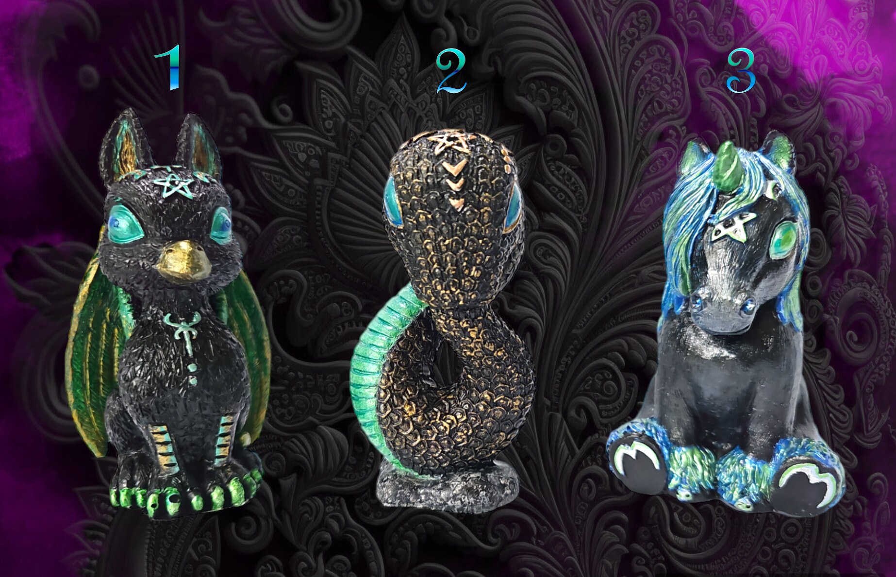 Hand Painted Gothic Figures. Familiars, Beautiful Cat, Unicorn, Dragon ...