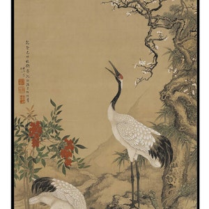Antique Chinese Painting, Twin Cranes Under Pine and Plum by Shen Quan ...