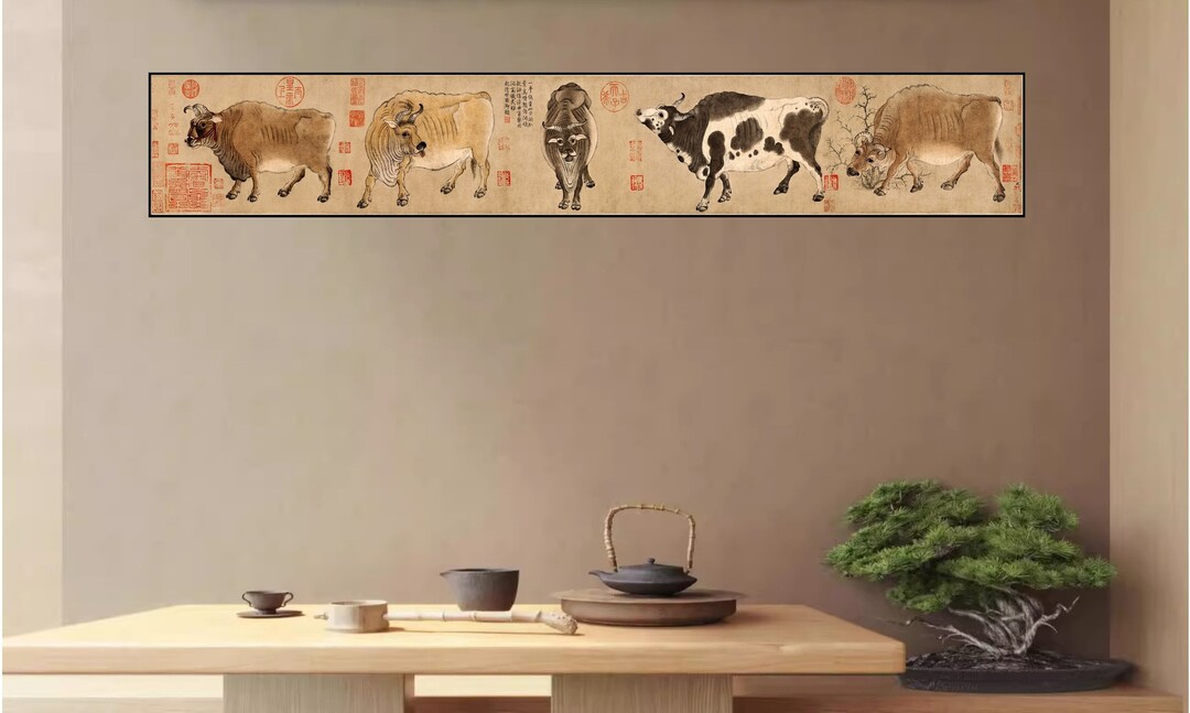 Antique Chinese Painting Replica - Five Oxen by Han Huang, Giclee Print ...