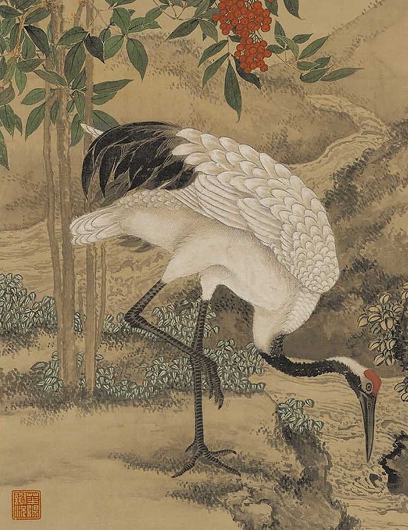 Antique Chinese Painting, Twin Cranes Under Pine and Plum by Shen Quan ...