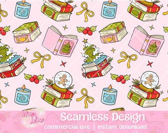 Christmas Bookshelf Graphic Seamless Pattern Digital Download, Bookish ...