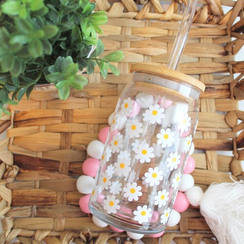 Daisy Can Glass Cup Iced Coffee Cup Beer Can Glass Boho Etsy