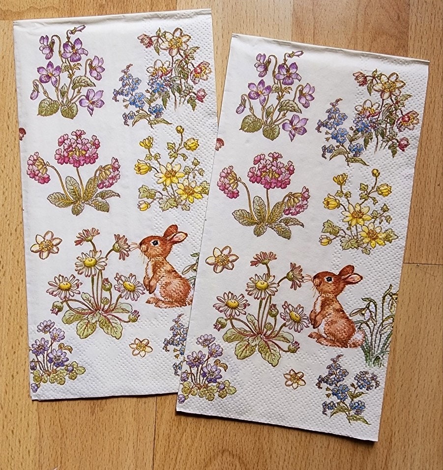 2 - 7 3/4"x4 3/8", Bunny With Lots of Flowers, Decoupage Napkins, Paper ...