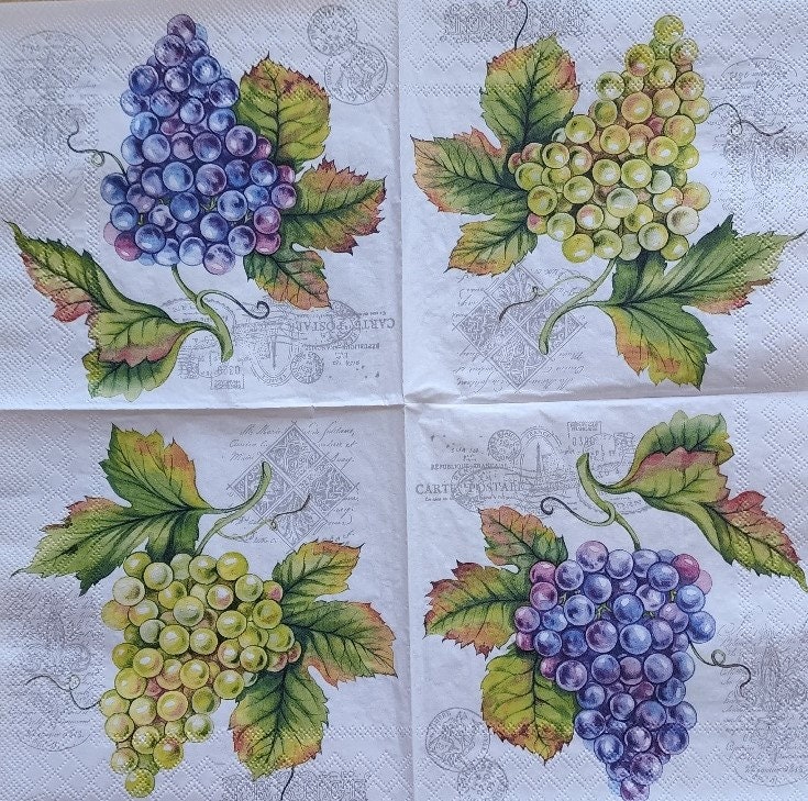 2 - 6 1/2" X 6 1/2", Grapes, Decoupage Napkins, Paper Napkins for ...
