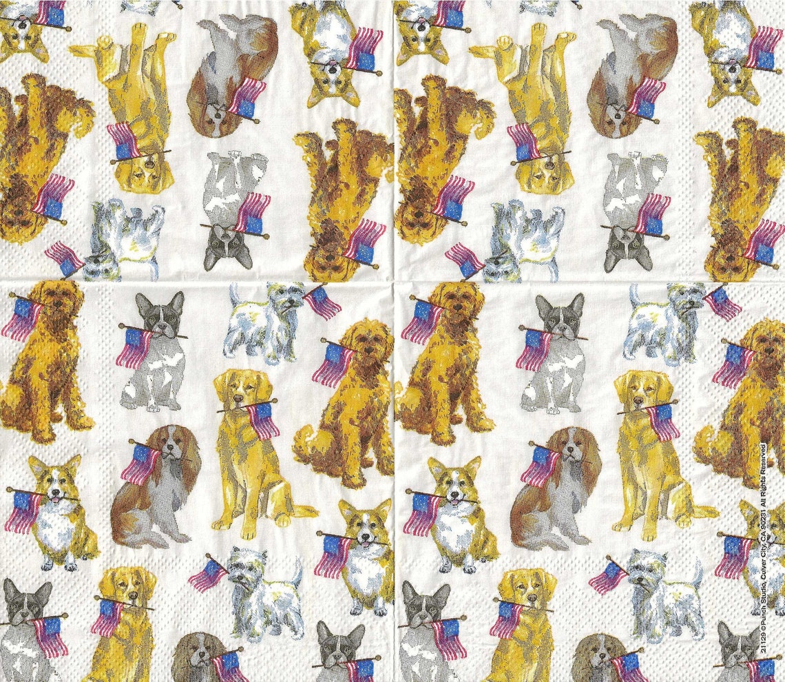 2 - 5"x5", Dogs With Flag , Decoupage Napkins, Paper Napkins for ...