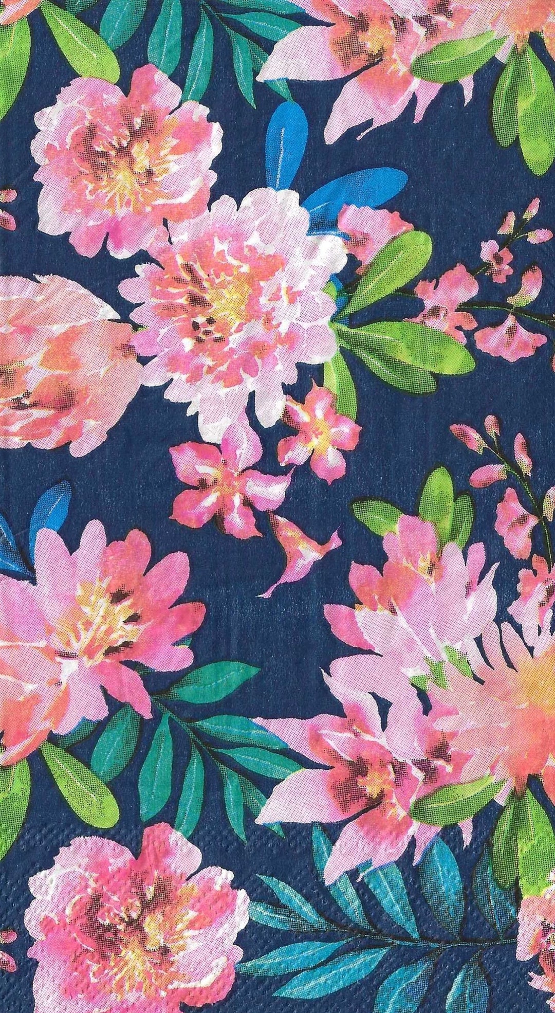 2 - 7 3/4"x 4 1/4", Pink Flowers in Navy, Decoupage Napkins, Paper ...