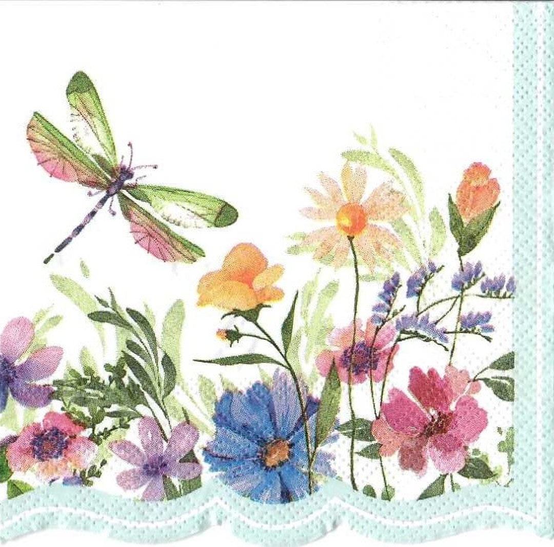 2 - 5"x 5", Flower With Dragonfly, Decoupage Napkins, Paper Napkins for ...