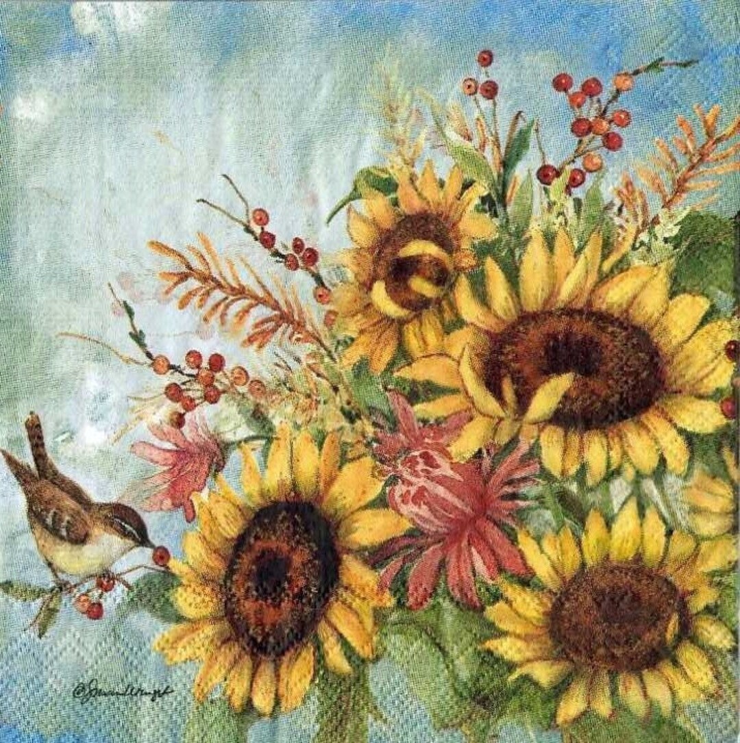 2 - 5"x 5", Sunflowers in Blue Sky, Decoupage Napkins, Paper Napkins ...
