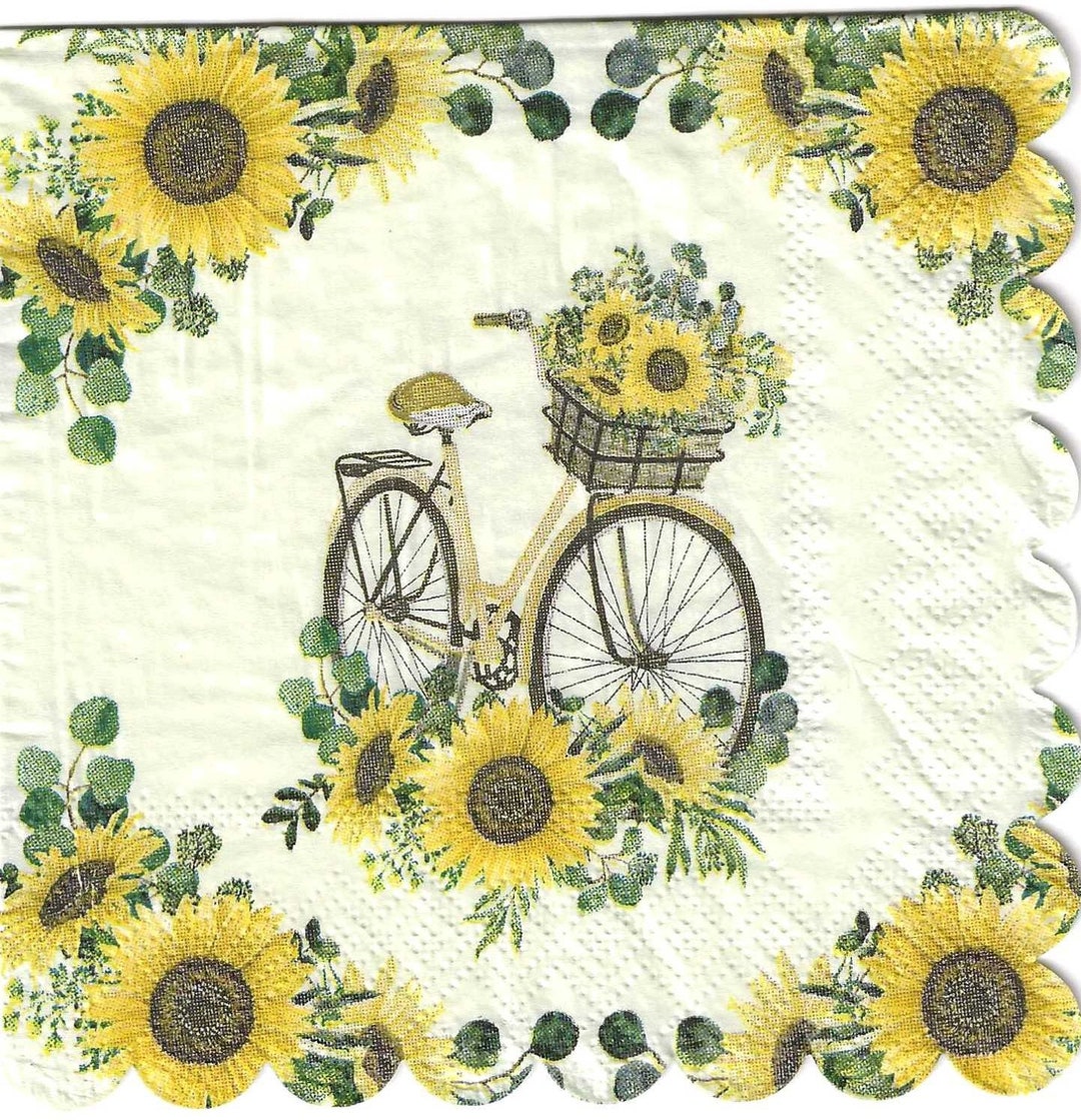 3 - 5"x 5", 2ply, Bike Sunflower, Decoupage Napkins, Paper Napkins for ...