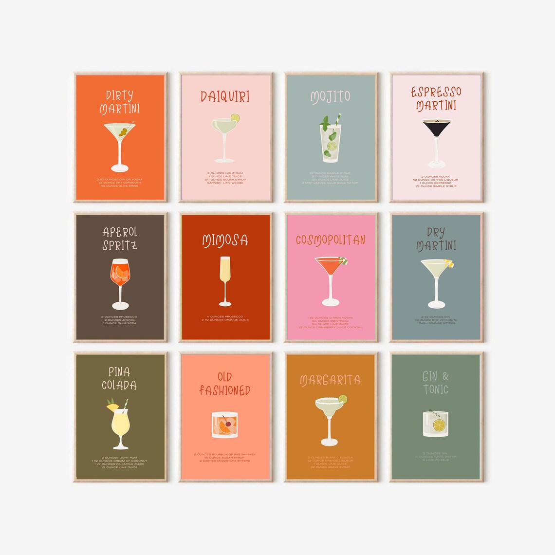 Set of 12 Alcohol Drinks, Cocktail Retro Posters, Bar Cart Prints ...