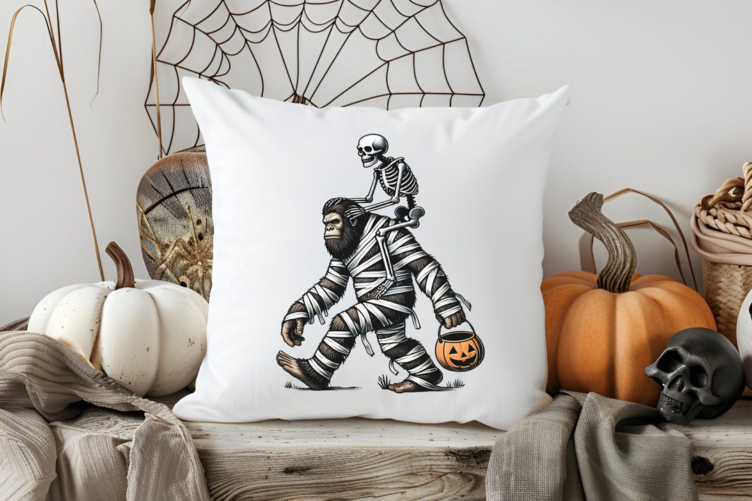 Bigfoot Pillow, Skeleton Riding Bigfoot Cushion, Halloween Bigfoot ...