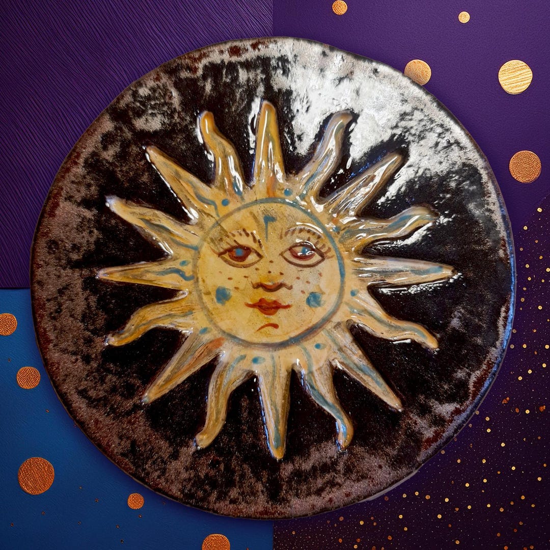 Round Tile "sun" Ceramic Tile Made of Fired Dark Brown Clay, Hand ...