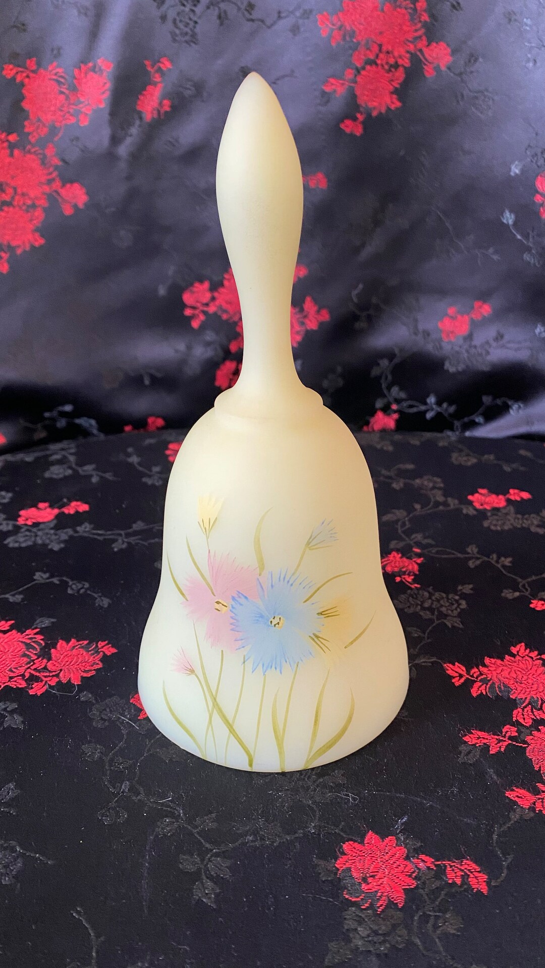 Vintage Fenton Vaseline Glass Yellow Bell With Handpainted Dianthus ...