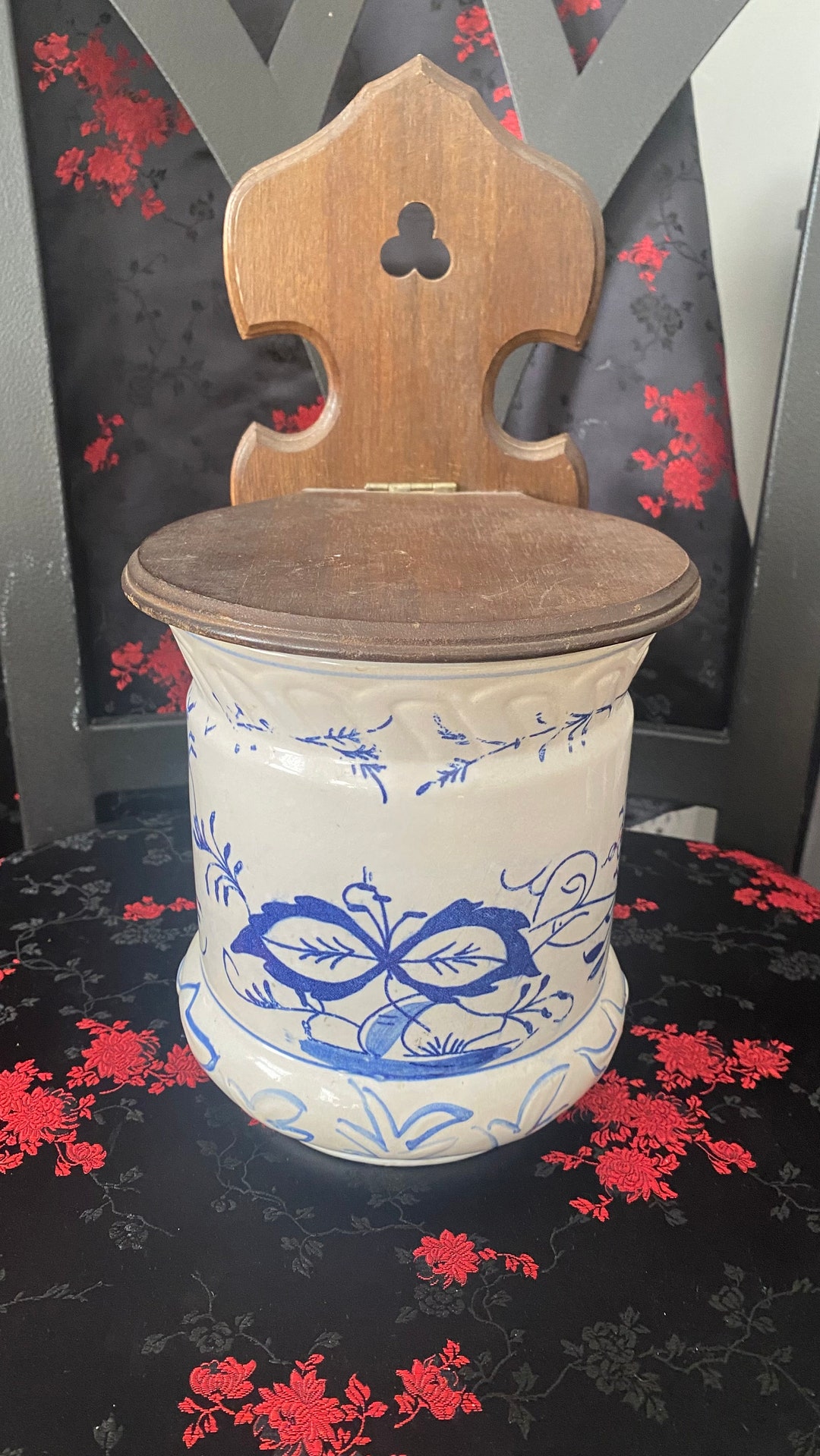 Antique Salt Box Wall Hung German Pottery With Wood Lid Delft Like ...