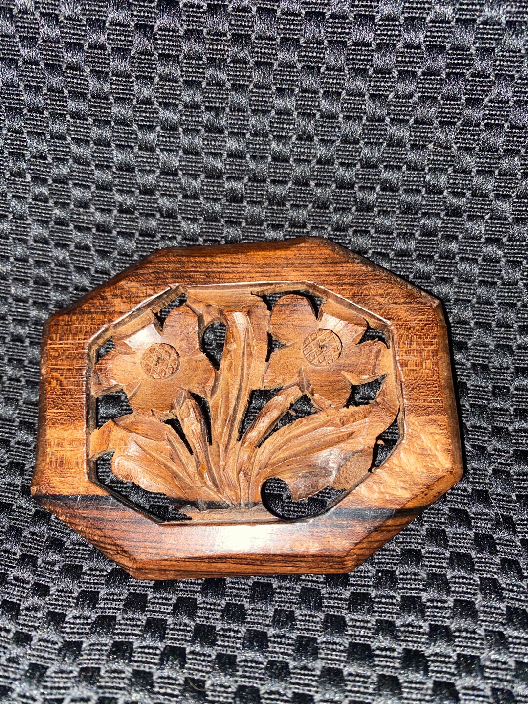 Vintage Carved Natural Wood Brooch With Flowers, Octagon Shape - Etsy