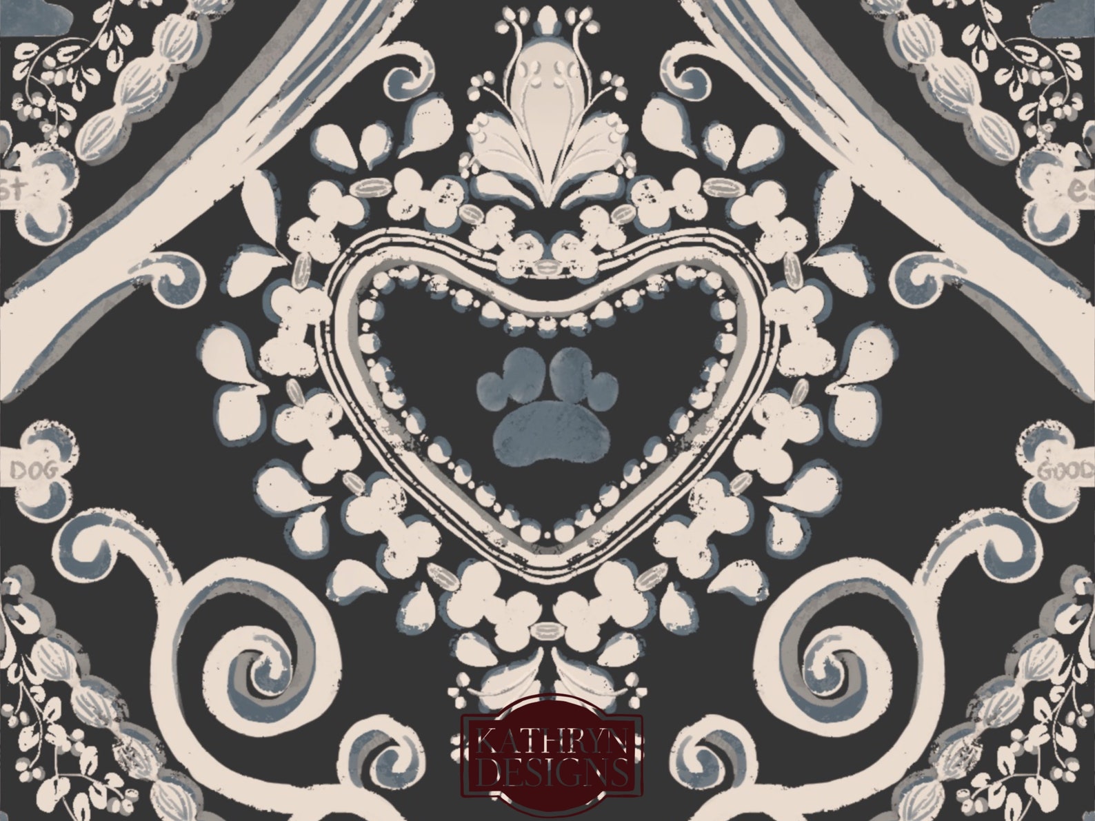 Good Dog Damask in Navy Cream and Grey Hand Drawn Dog Themed - Etsy