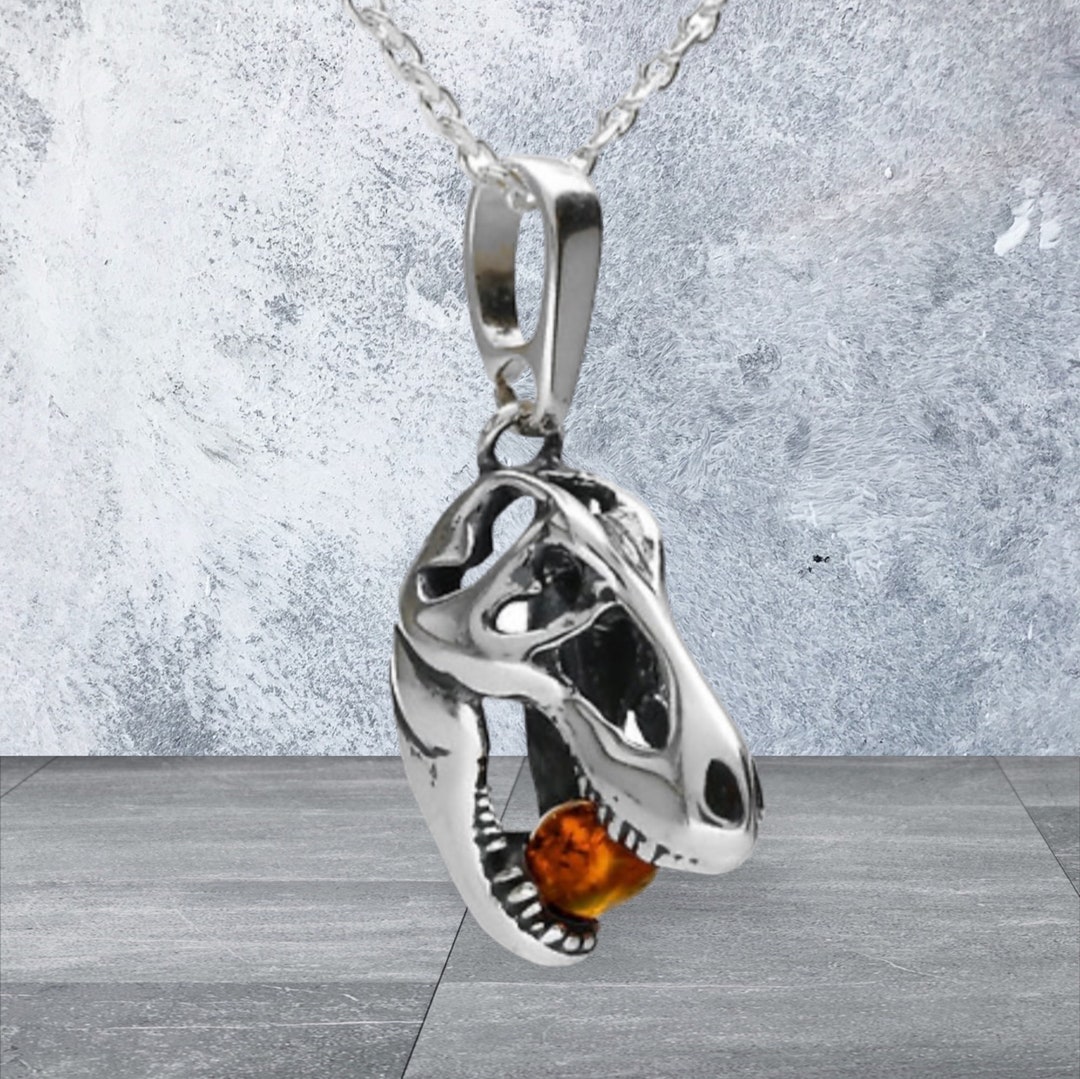 Stunning T-rex Silver and Cognac Amber Necklace - Etsy