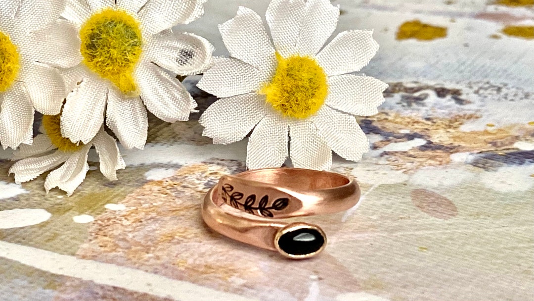 Flower Stamped Copper Ring, Adjustable Gemstone Wrap Ring, Gift for ...