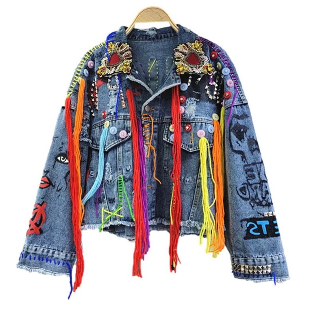 Women Embellished Embroidery Graffiti Diamonds Rivet Applique Tassel ...