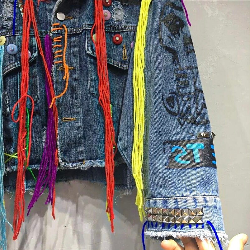 Women Embellished Embroidery Graffiti Diamonds Rivet Applique Tassel ...