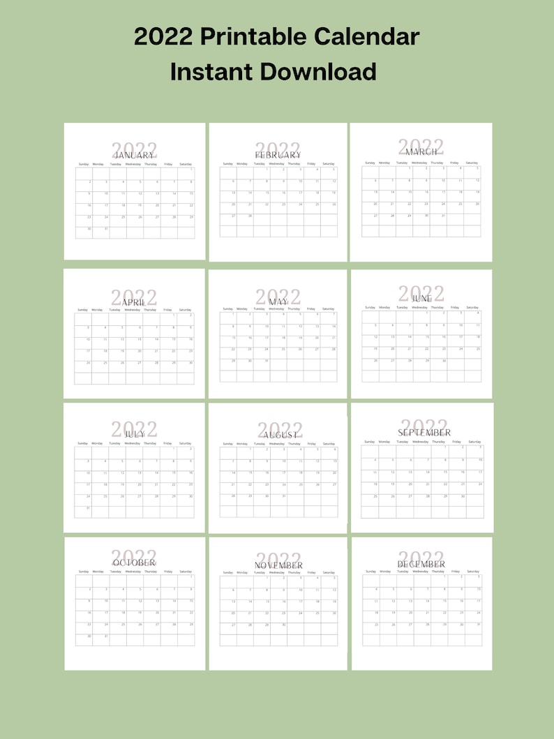 2022 Printable Calendar | Minimalist & Simple Calendar | Instant ...