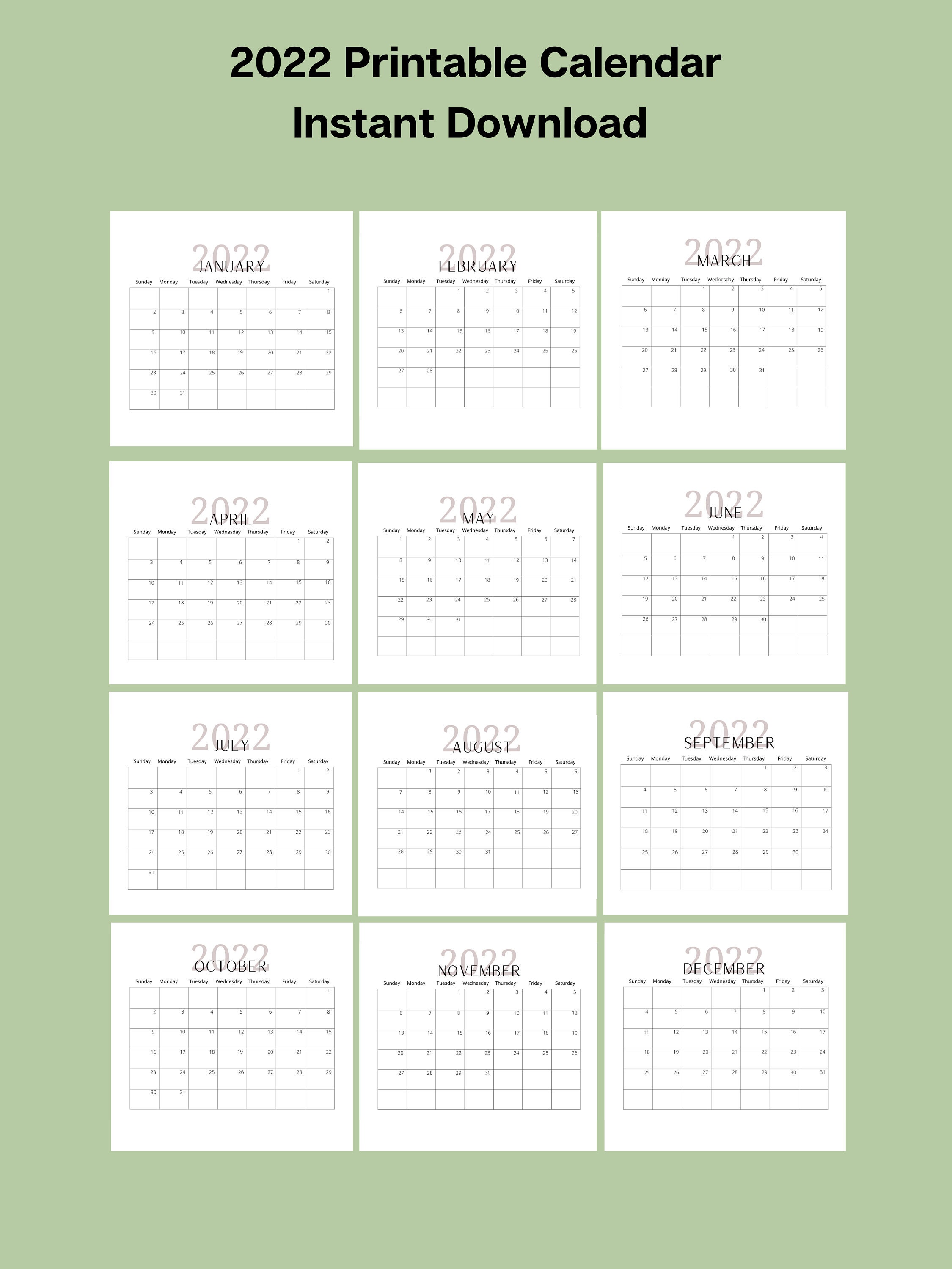 2022 Printable Calendar | Minimalist & Simple Calendar | Instant ...