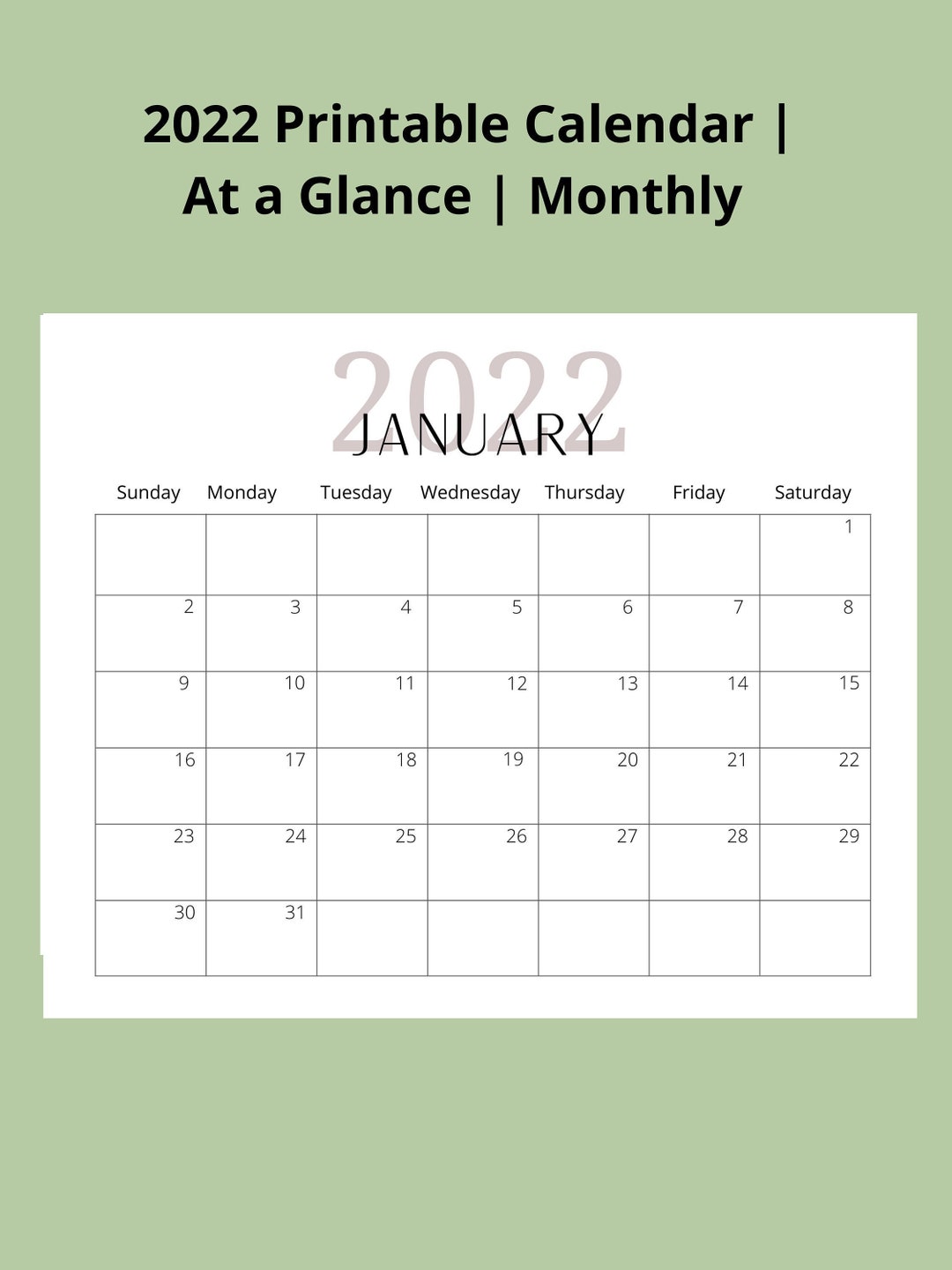 2022 Printable Calendar | Minimalist & Simple Calendar | Instant ...