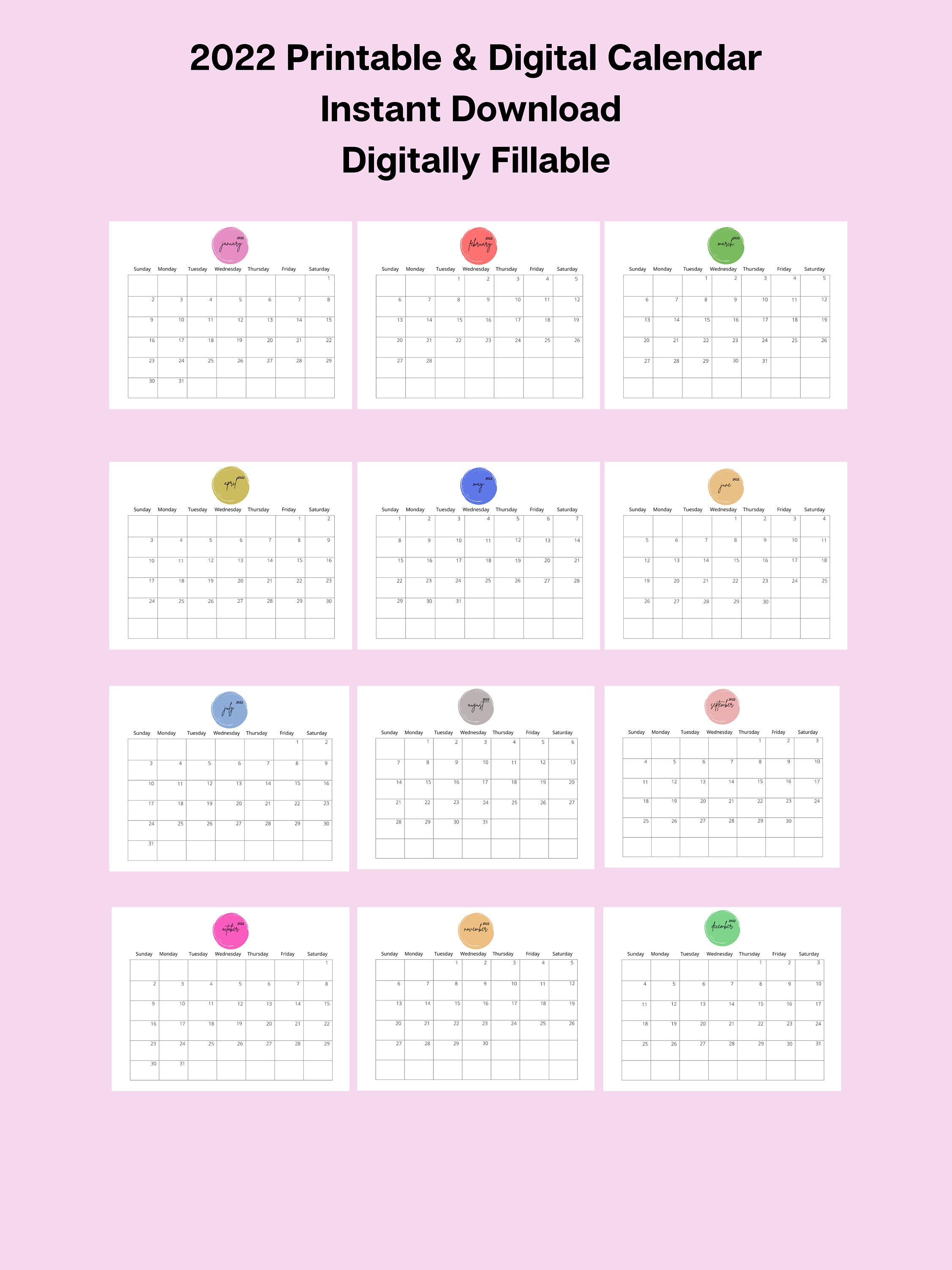 Instant Download Minimalist Simple 2022 Calendar | Digital Fill ...