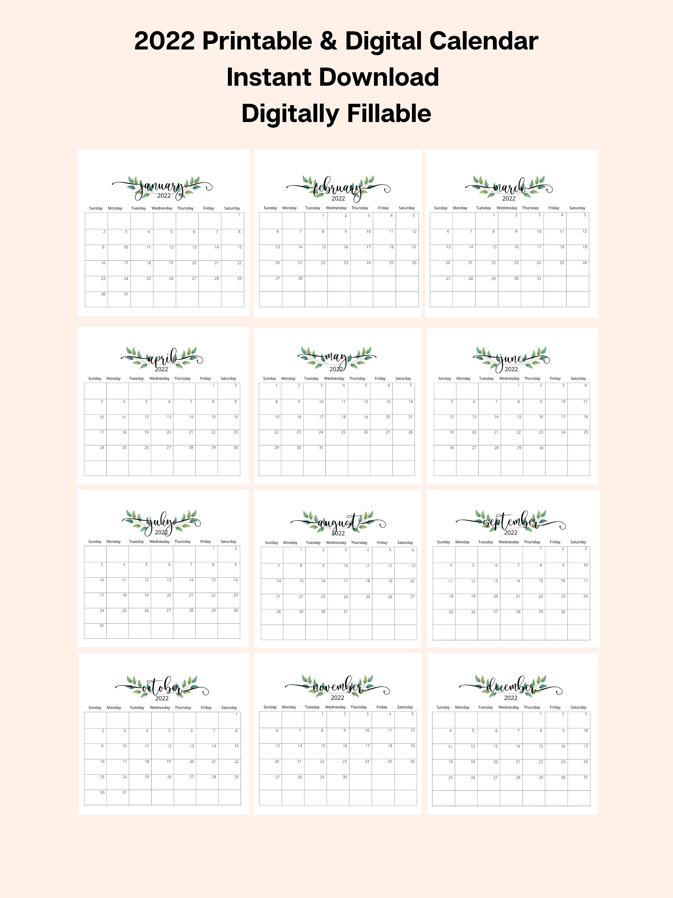 2022 Printable Calendar | Monthly Individual Calendar Sheets | Instant ...