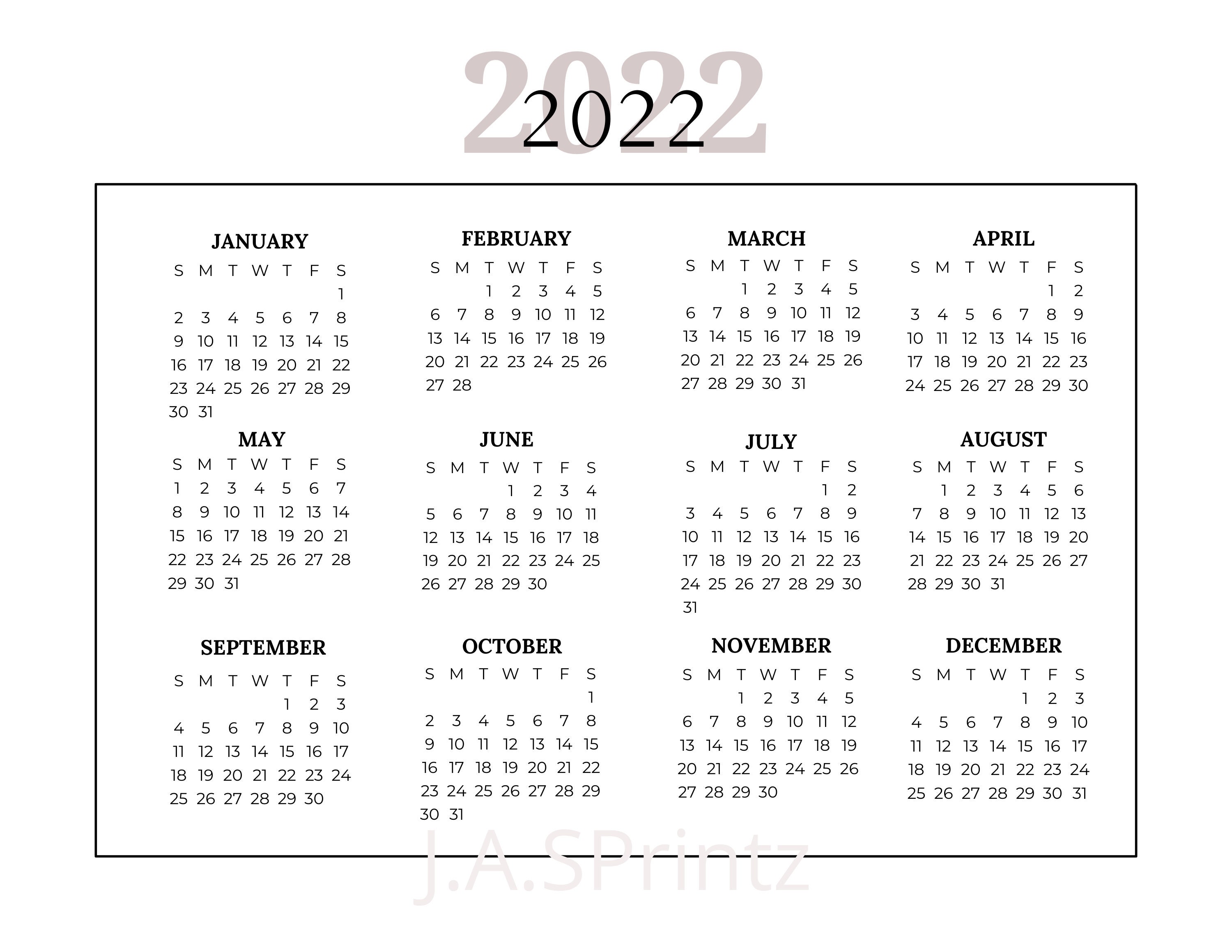2022 Printable Calendar | Minimalist & Simple Calendar | Instant ...
