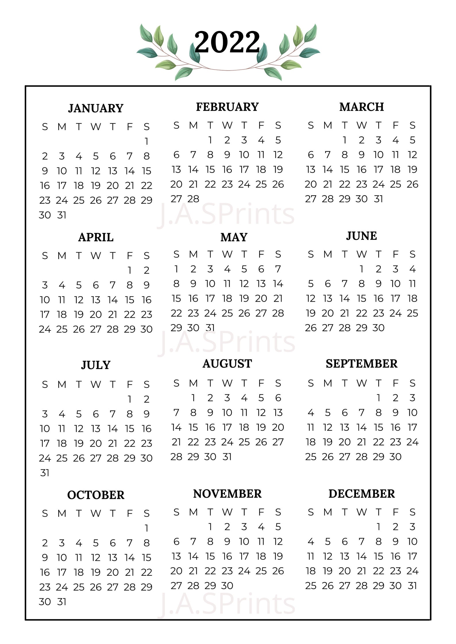 2022 Printable Calendar | Monthly Individual Calendar Sheets | Instant ...