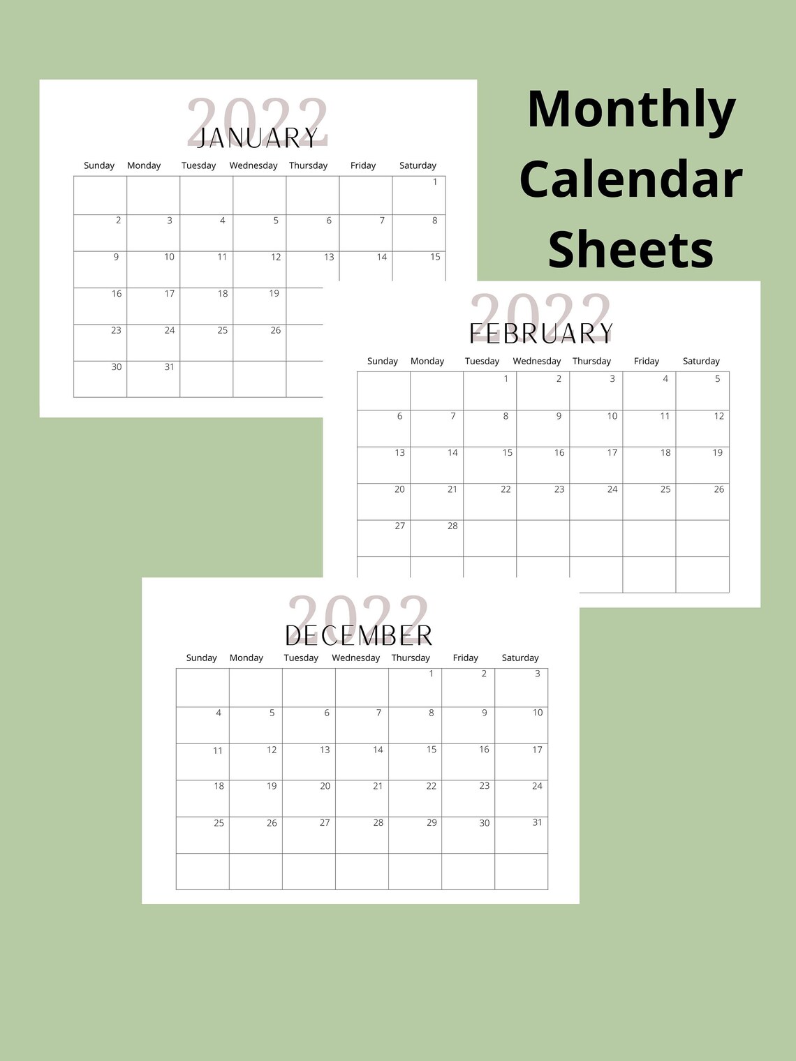 2022 Printable Calendar Minimalist & Simple Calendar - Etsy