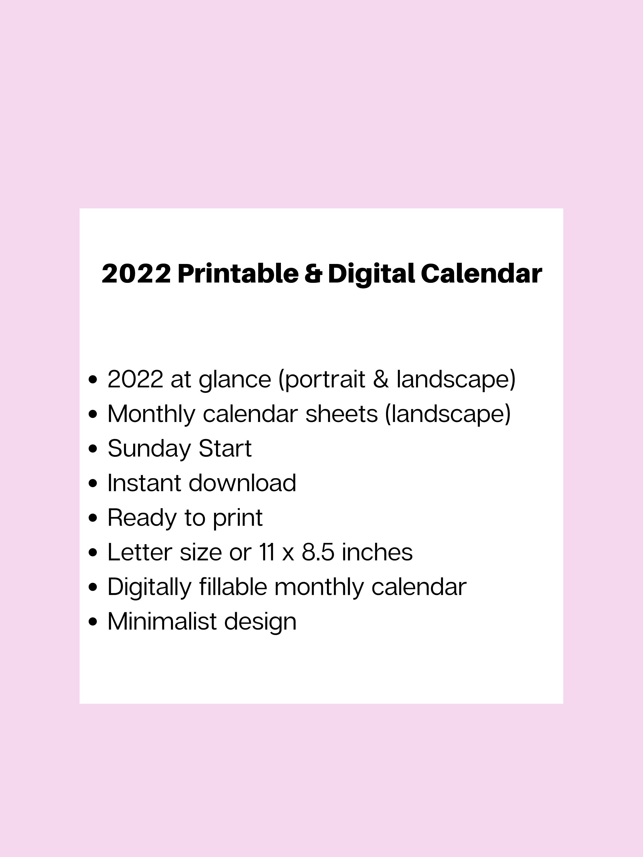 Instant Download Minimalist Simple 2022 Calendar | Digital Fill ...
